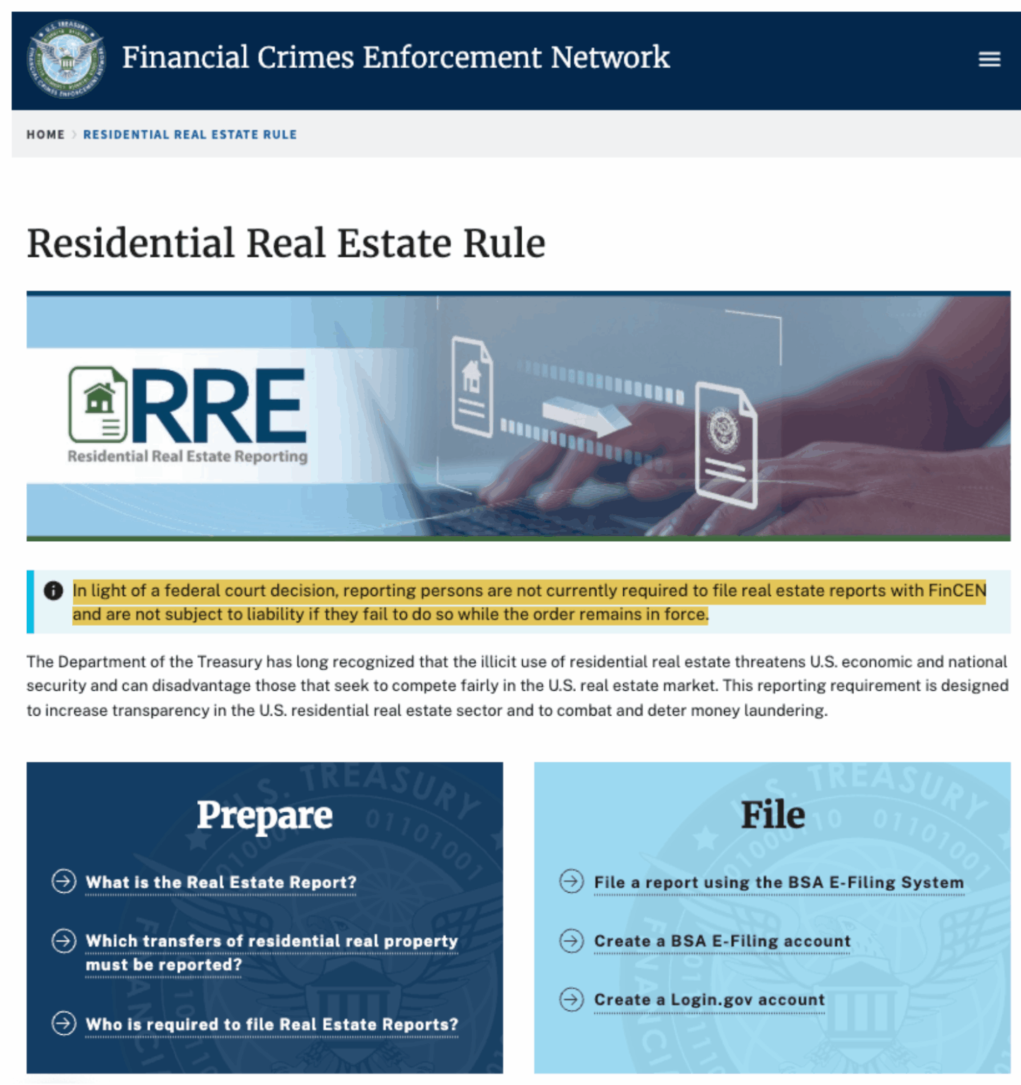 FinCEN Real Estate Report Court Case Tracker
